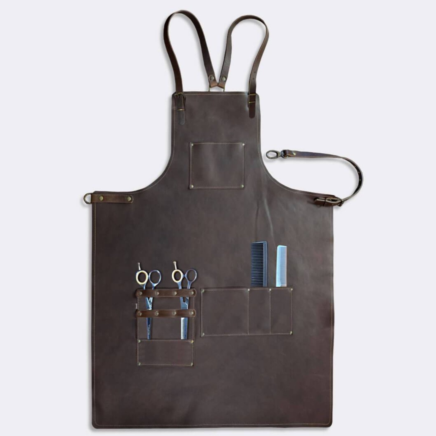 Barber apron, leather, with pockets for shears and combs