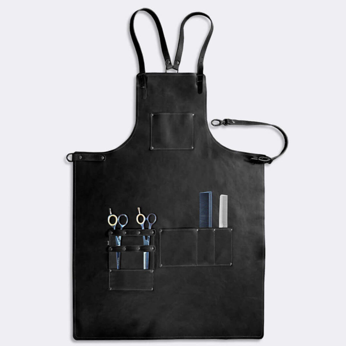 Barber apron, leather, with pockets for shears and combs